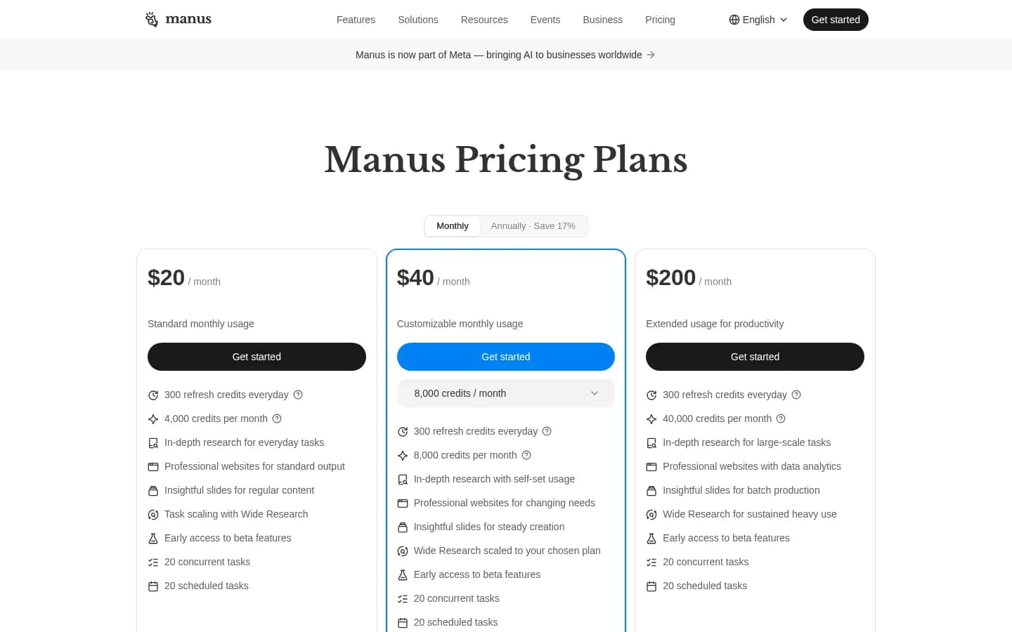 Manus AI pricing plans — Free 300 credits daily, Pro $20/mo 4000 credits, Pro Plus $40/mo 8000 credits