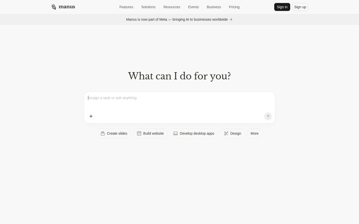 Manus AI landing page — Meta's commercial general-purpose AI agent with slide generation, web tasks, and research capabilities