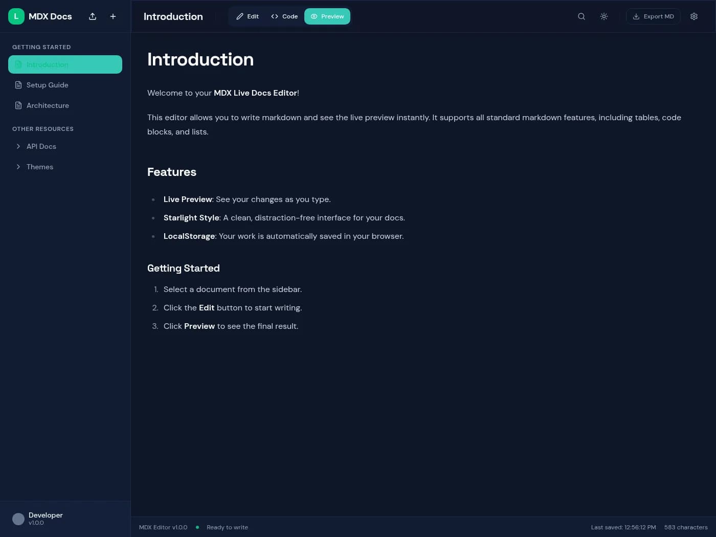 MDX Live Docs Editor