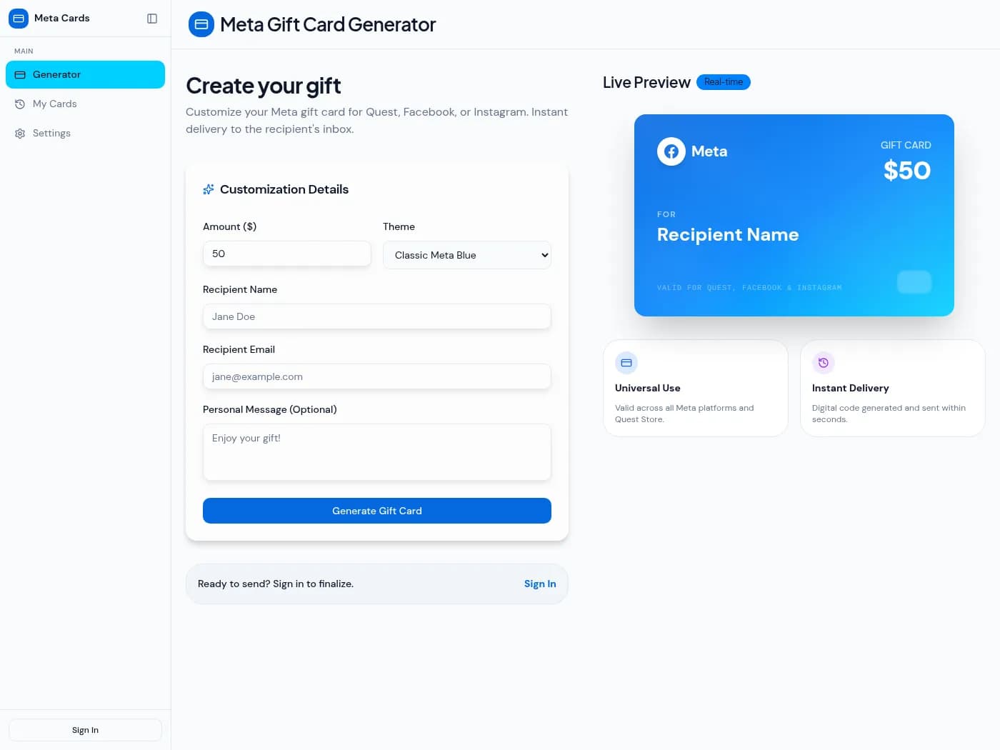 Meta Gift Card Generator