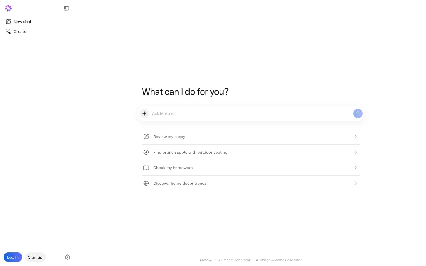 Página de inicio de Meta AI — asistente de IA gratuito impulsado por Llama 4 con pesos abiertos disponibles para autoalojamiento