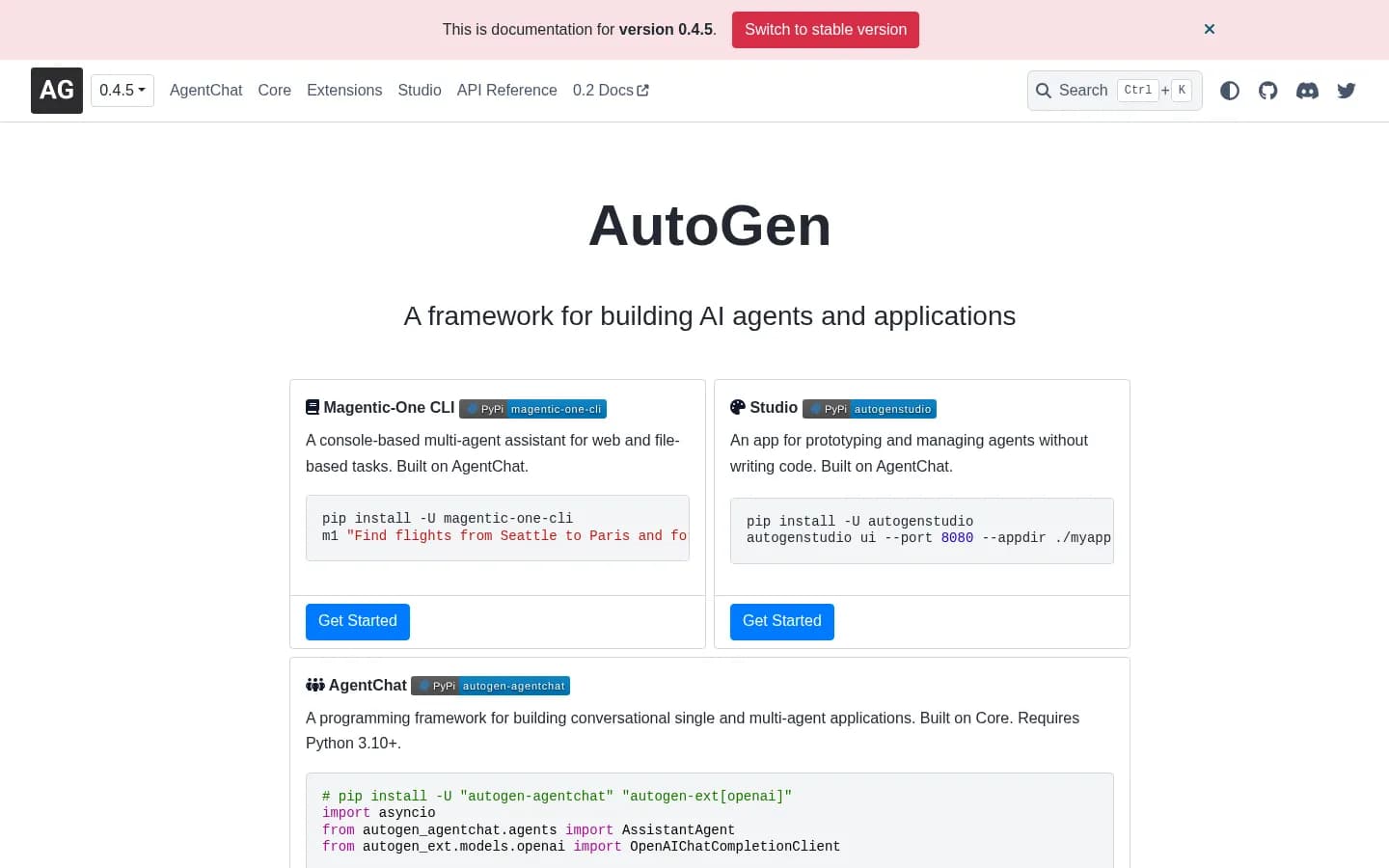 Microsoft AutoGen documentation page — open-source multi-agent framework for building complex agent systems