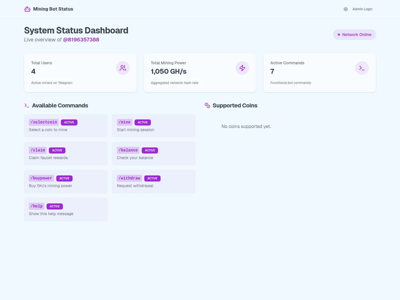 Telegram Mining Bot Dashboard
