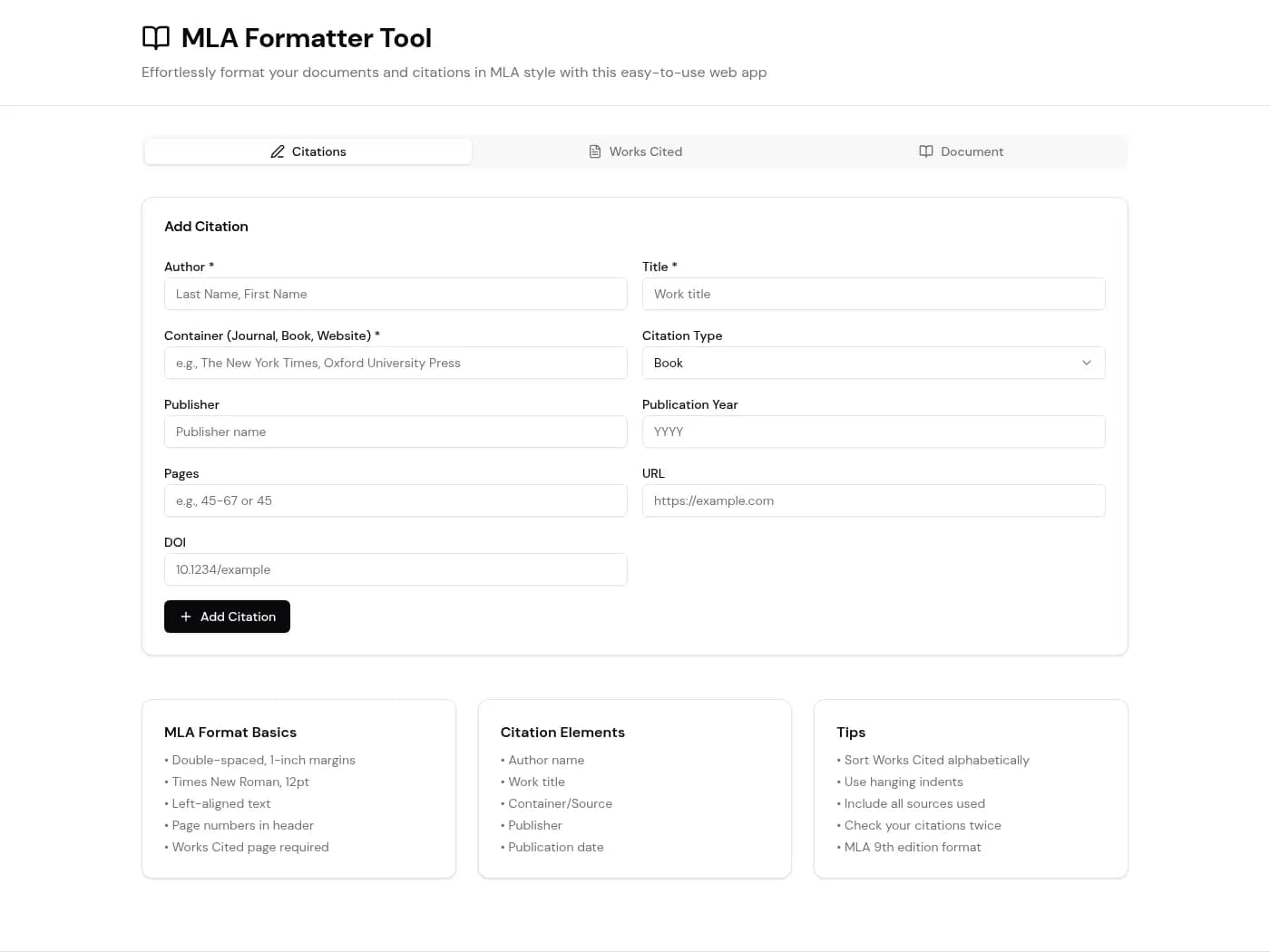 MLA Formatter Tool
