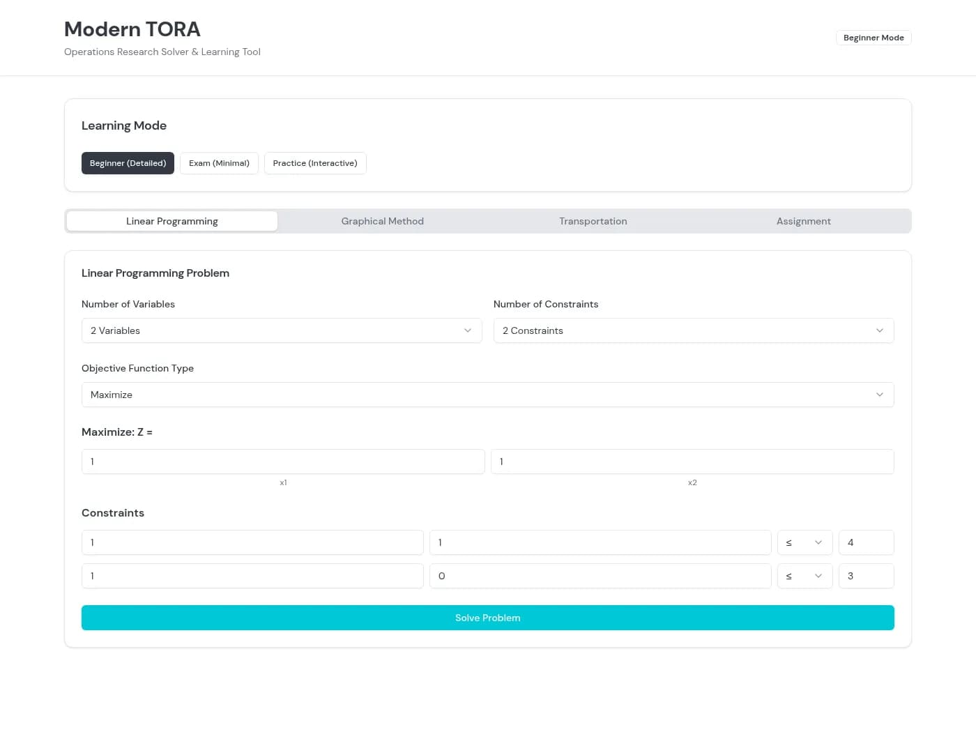 Modern TORA Web Solver