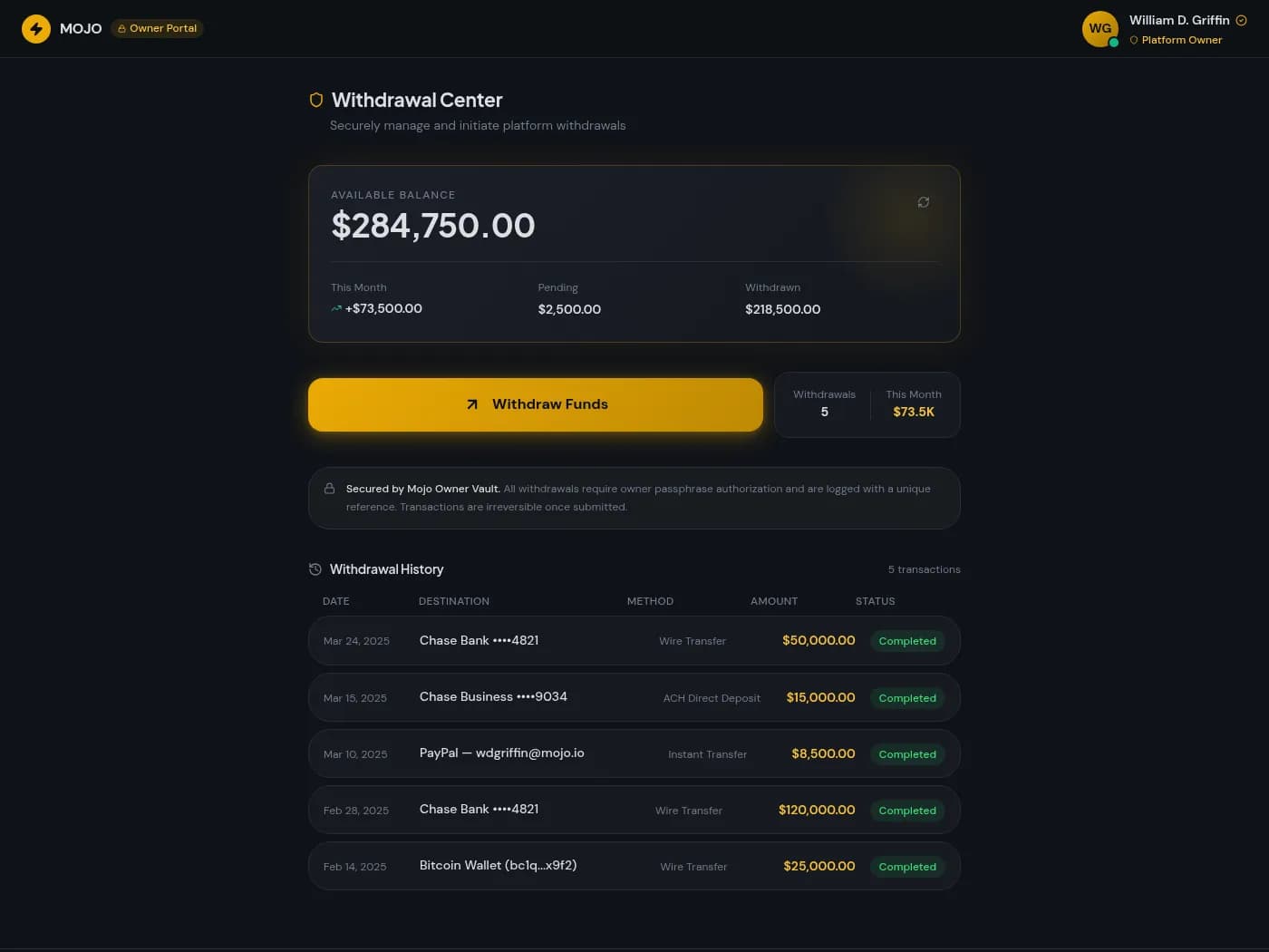Mojo Owner Withdraw