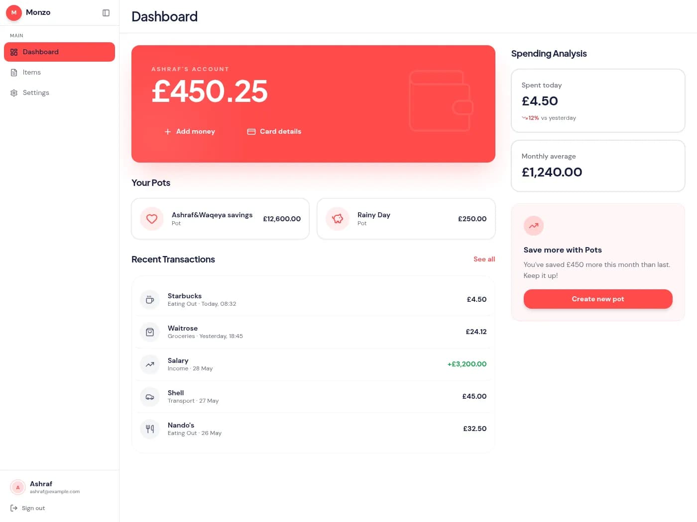 Custom Monzo Account Dashboard