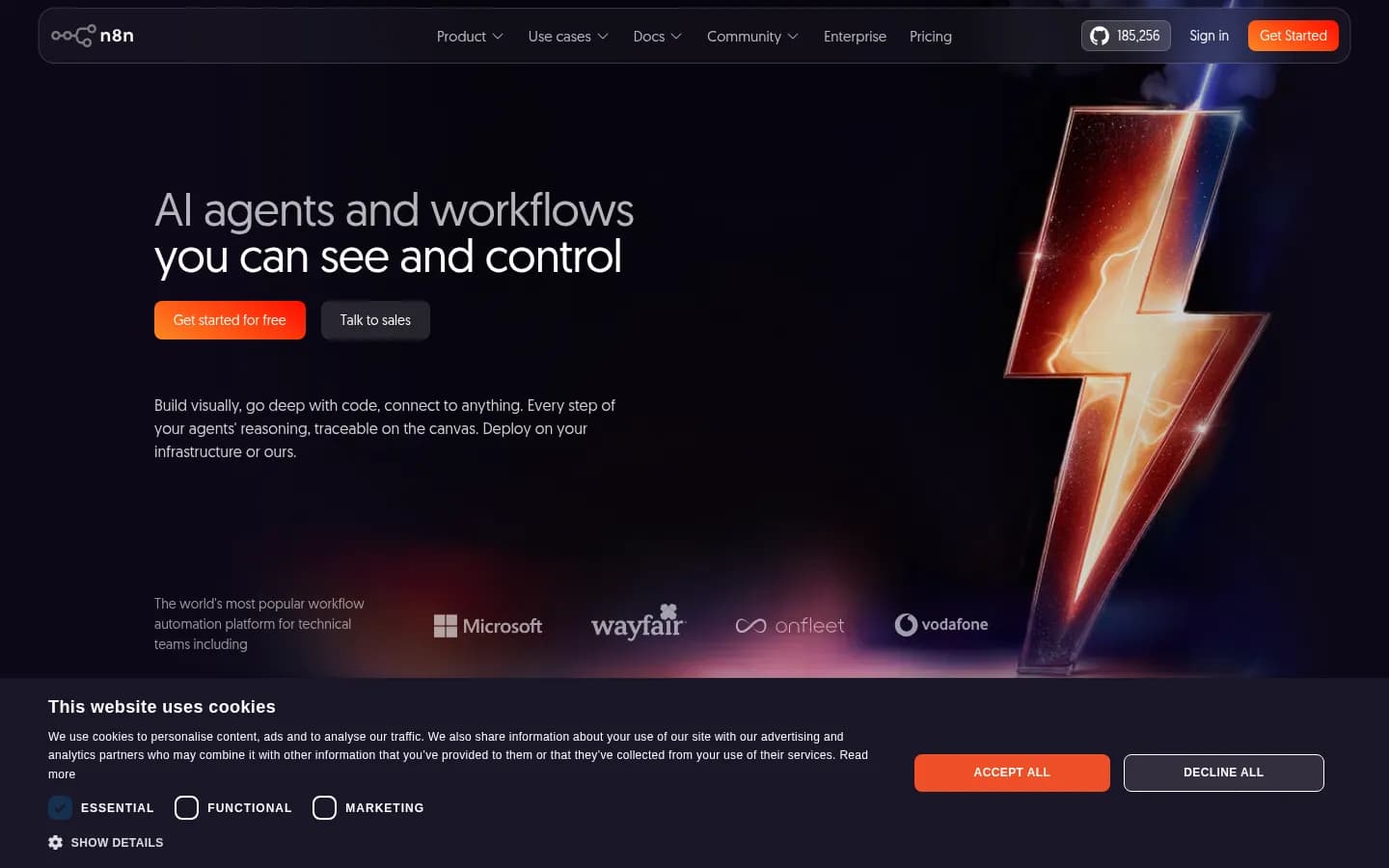 n8n landing page — open-source workflow automation with visual node editor