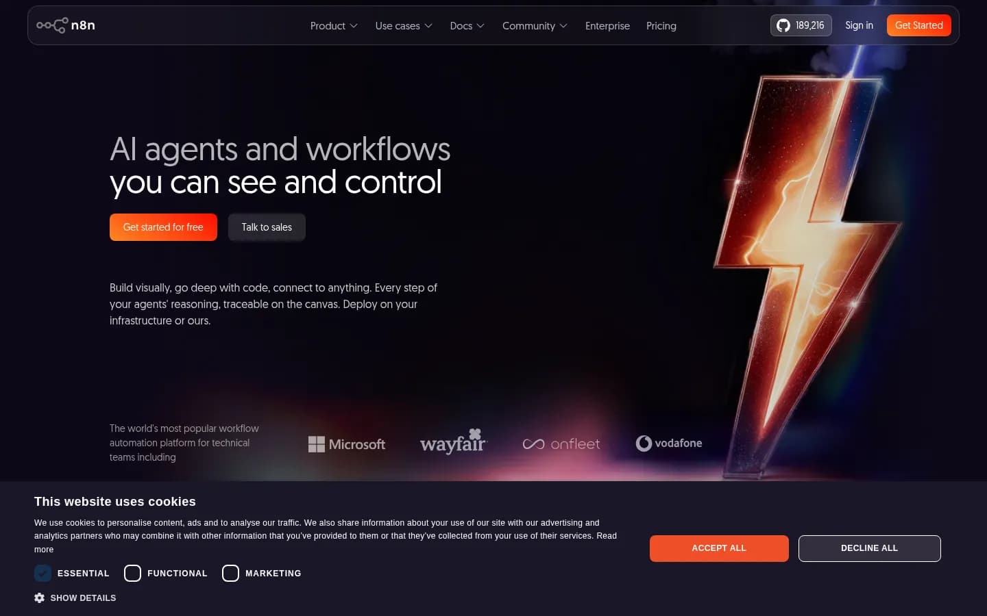 n8n landing page — open-source workflow automation with visual builder
