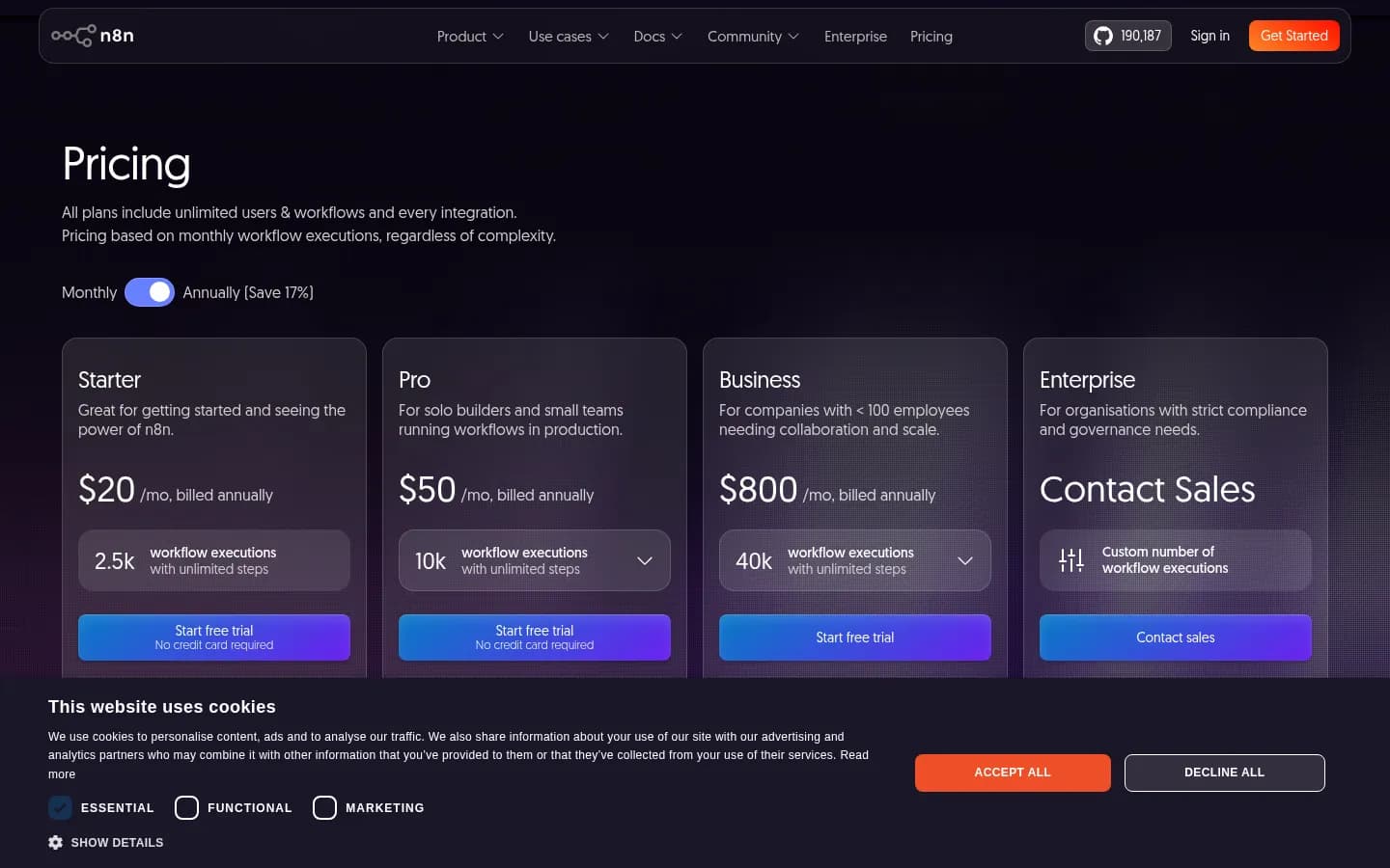 n8n pricing page — Starter €20/mo, Pro €50/mo; LLM costs billed separately for AI Agent nodes