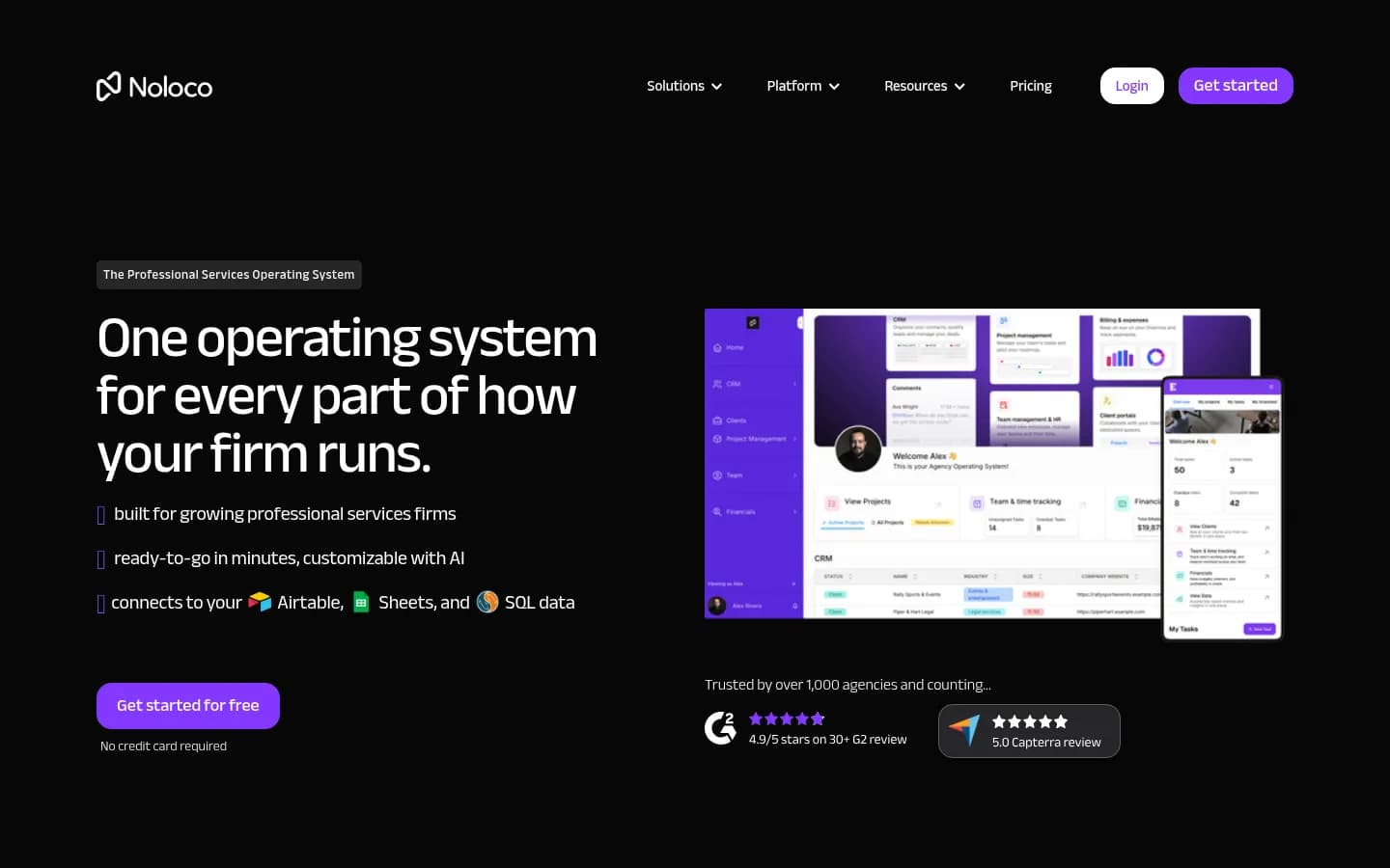 Noloco landing page — no-code app builder for client portals and internal CRMs with deep permission controls