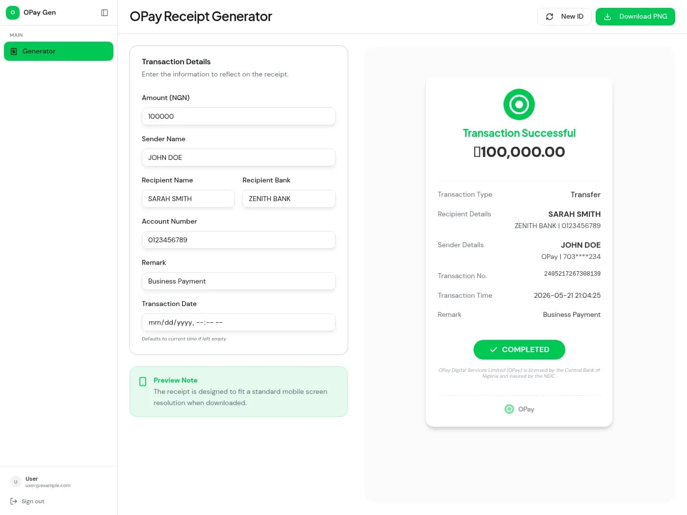 Opay Receipt Generator