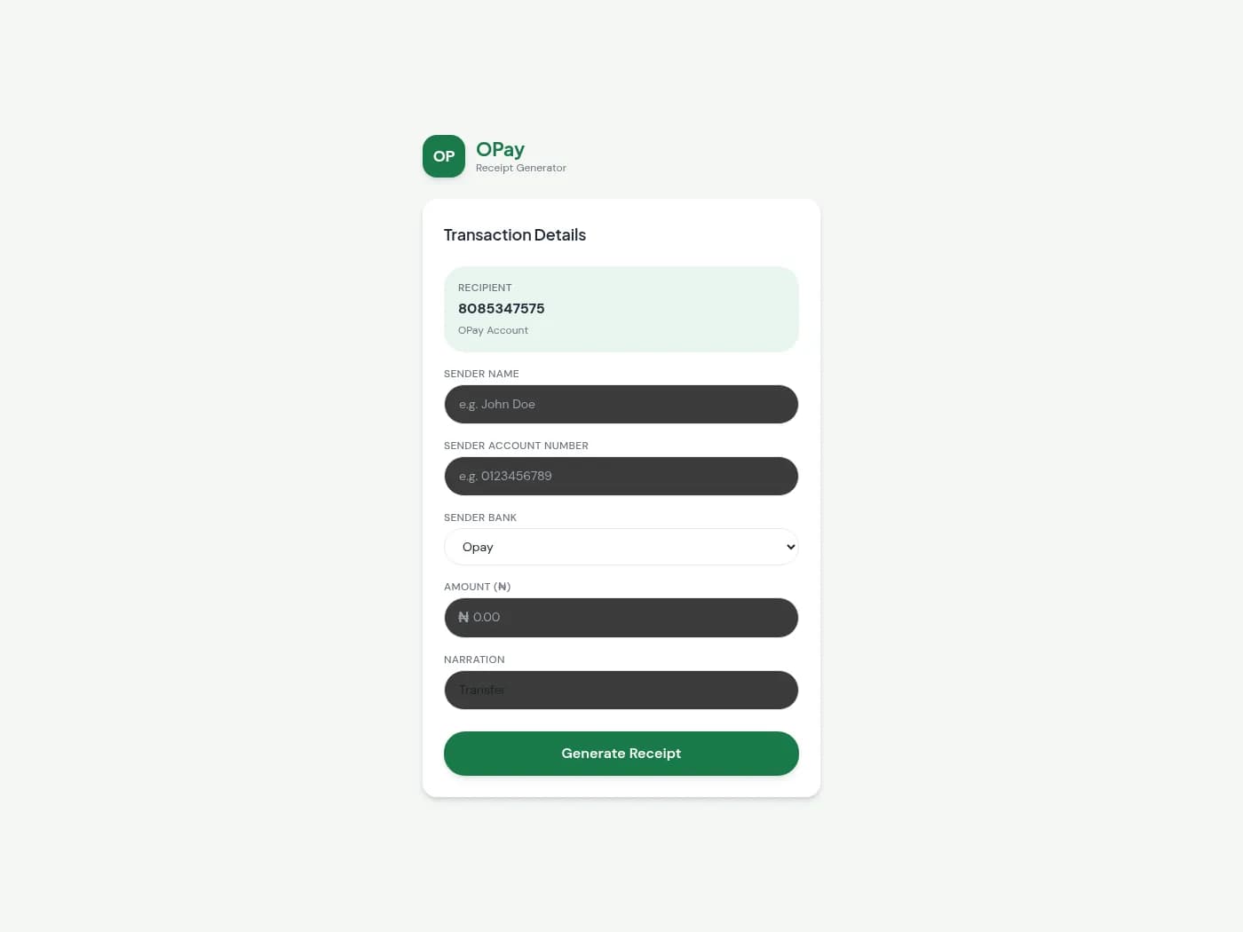 Opay Receipt Generator