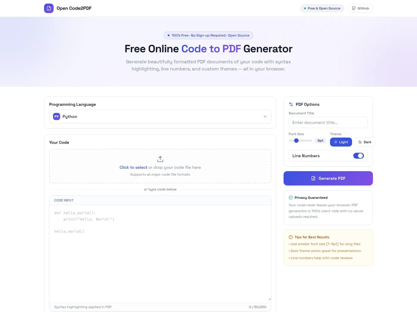 Open Code2PDF