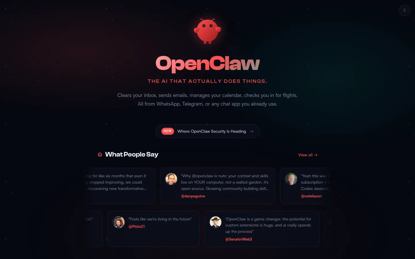 OpenClaw homepage — open-source AI agent platform with 250,000+ GitHub stars and 5,400+ skills in the registry