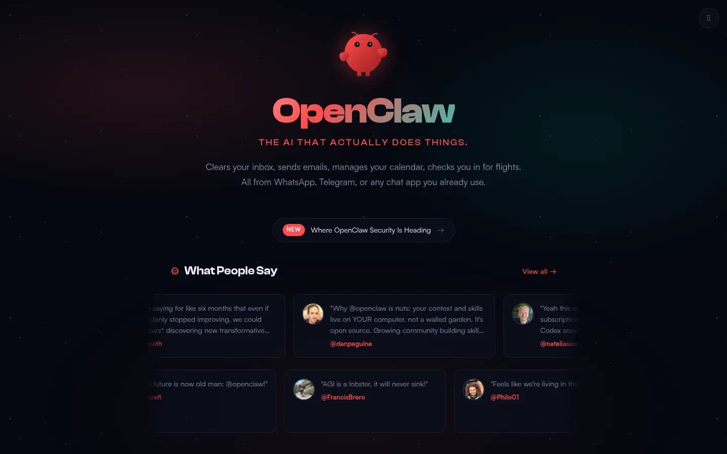 OpenClaw landing page — open-source AI agent runtime with ClawHub skills marketplace and 5400+ community skills