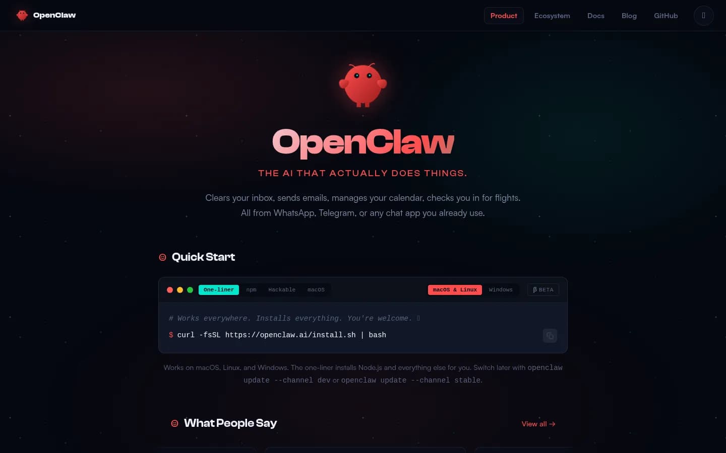 OpenClaw landing page — open-source AI agent framework with 376,000 GitHub stars