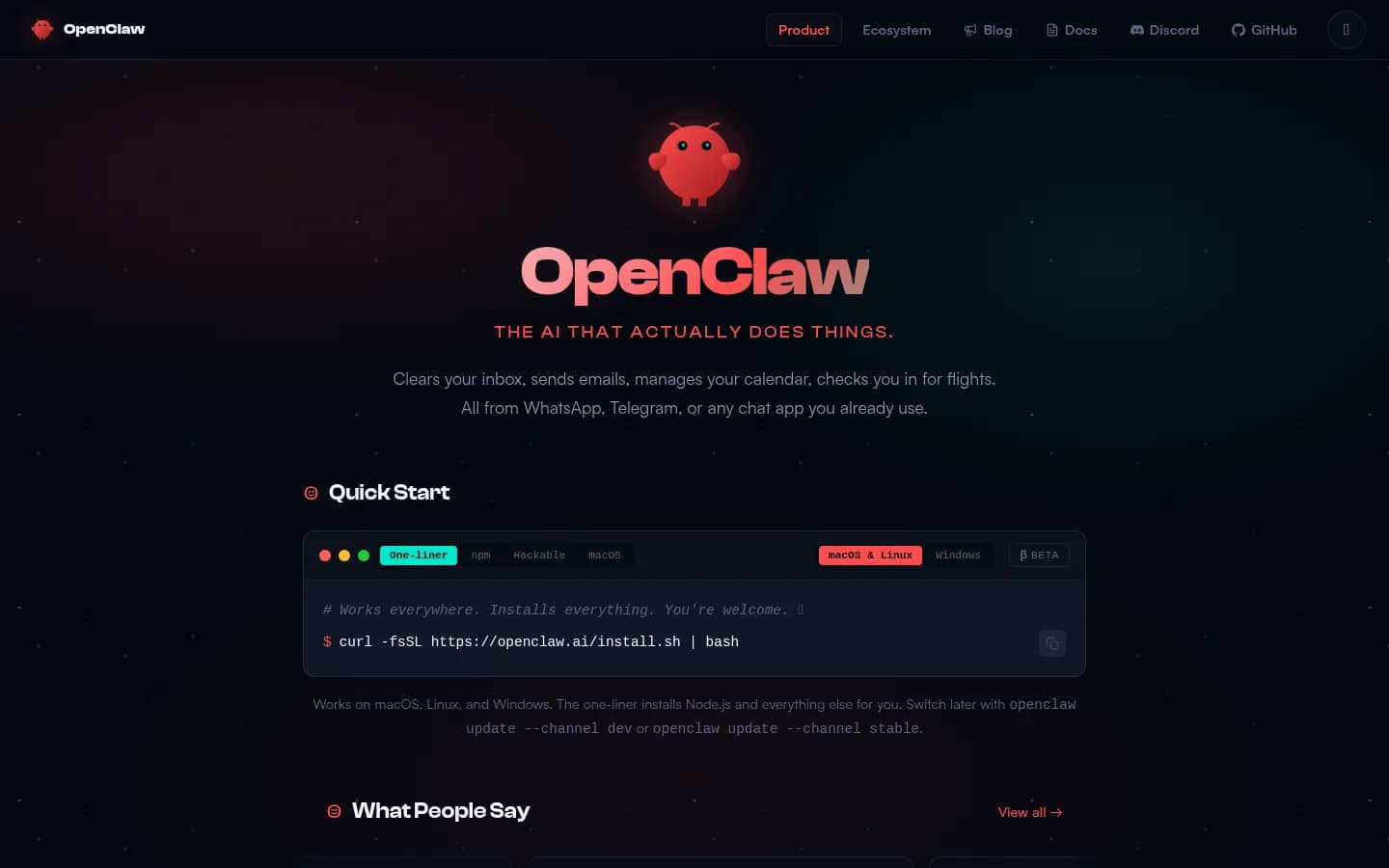 OpenClaw landing page — open-source autonomous AI agent for personal and business automation