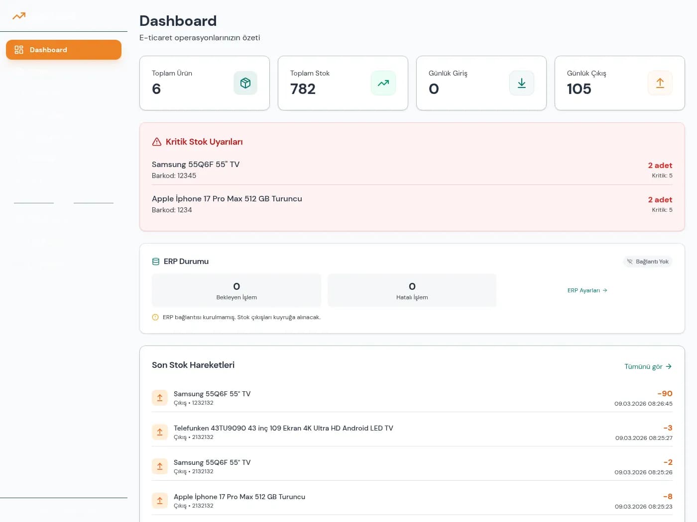 Tarık Panel E-Ticaret Dashboard