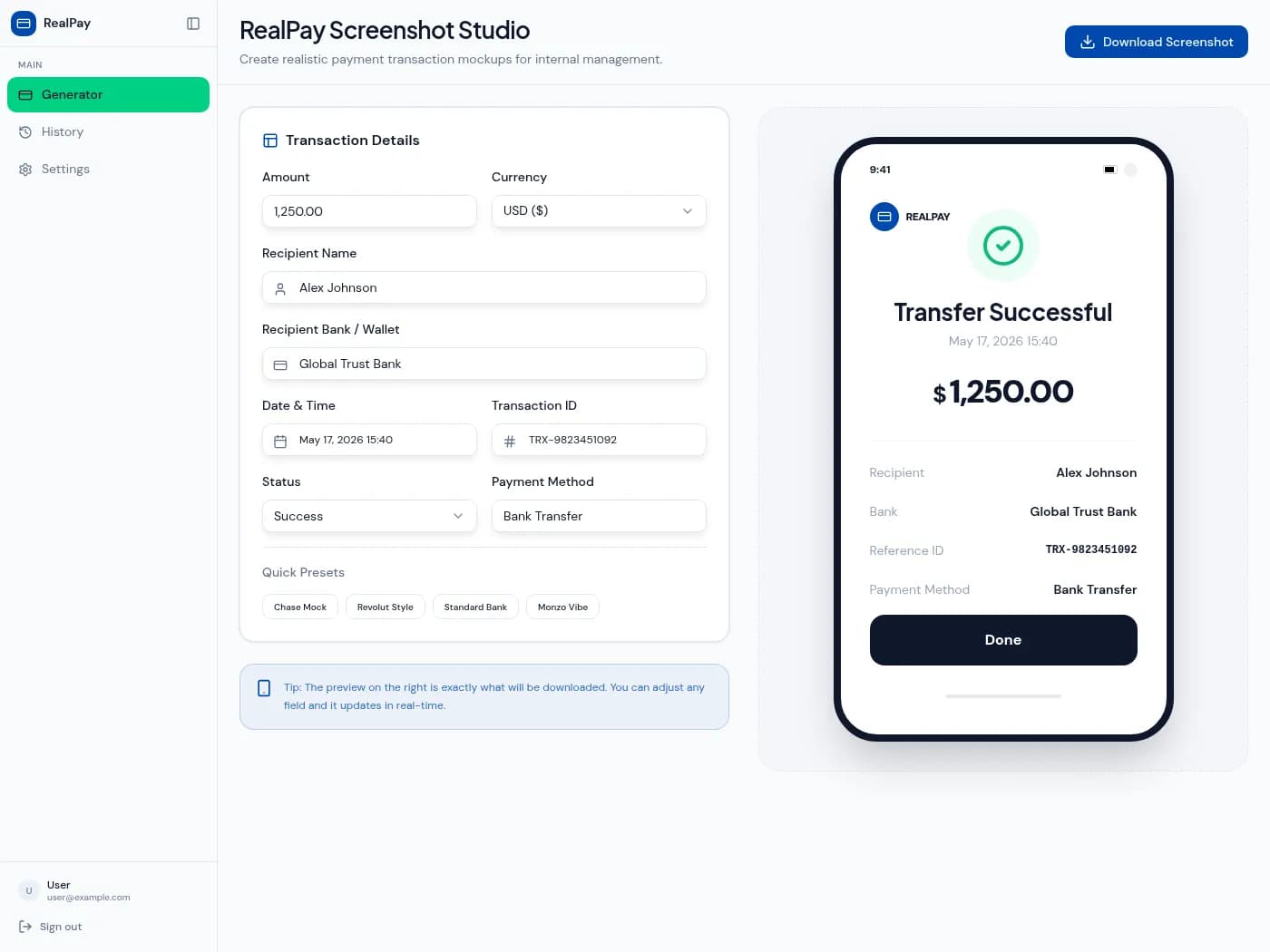 RealPay Screenshot Studio