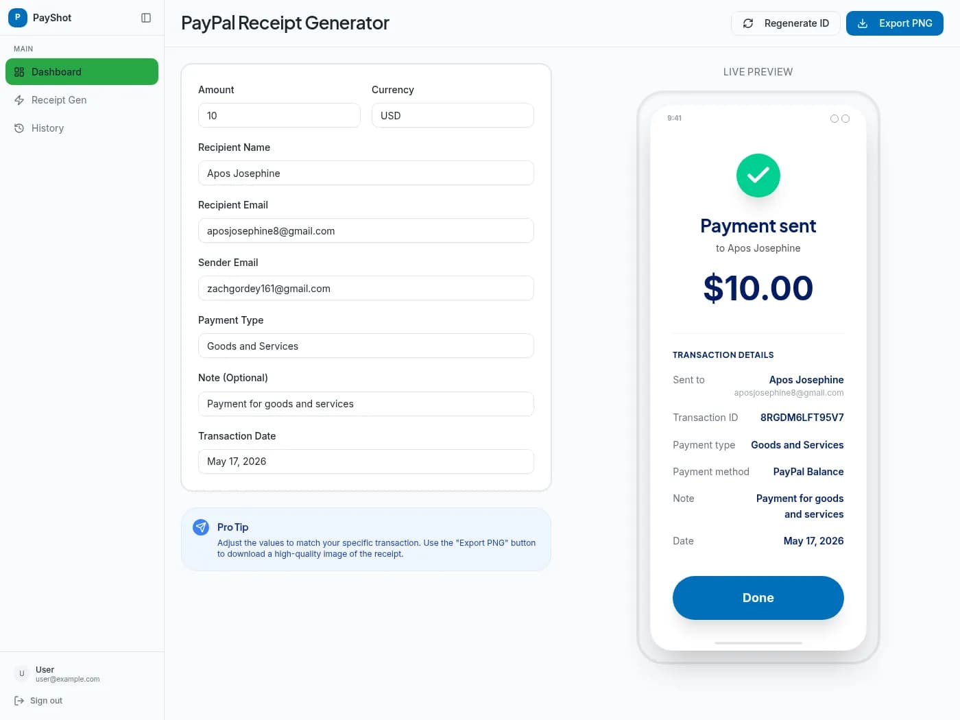 PayPal Screenshot Generator