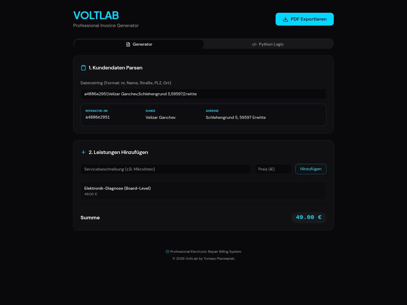 VoltLab Invoice Generator