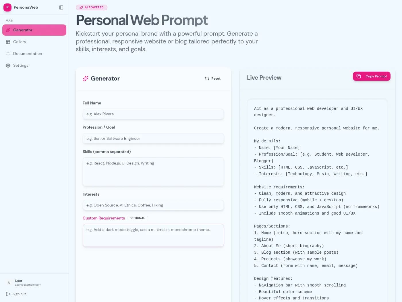 PersonaWeb Starter Prompt