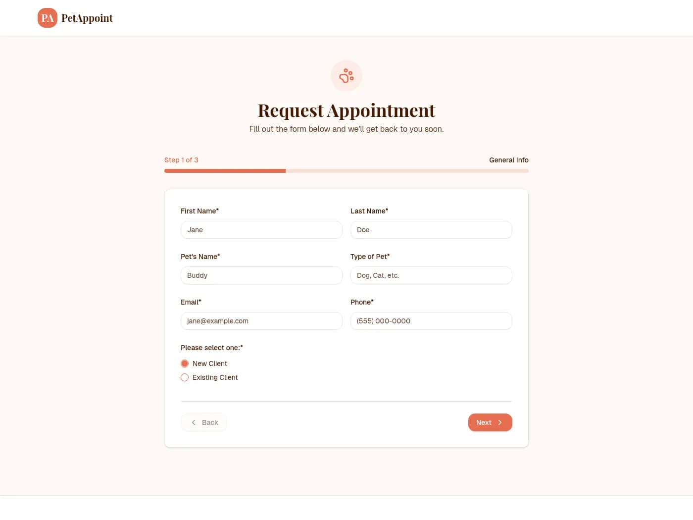 Pet Appointment Request Page