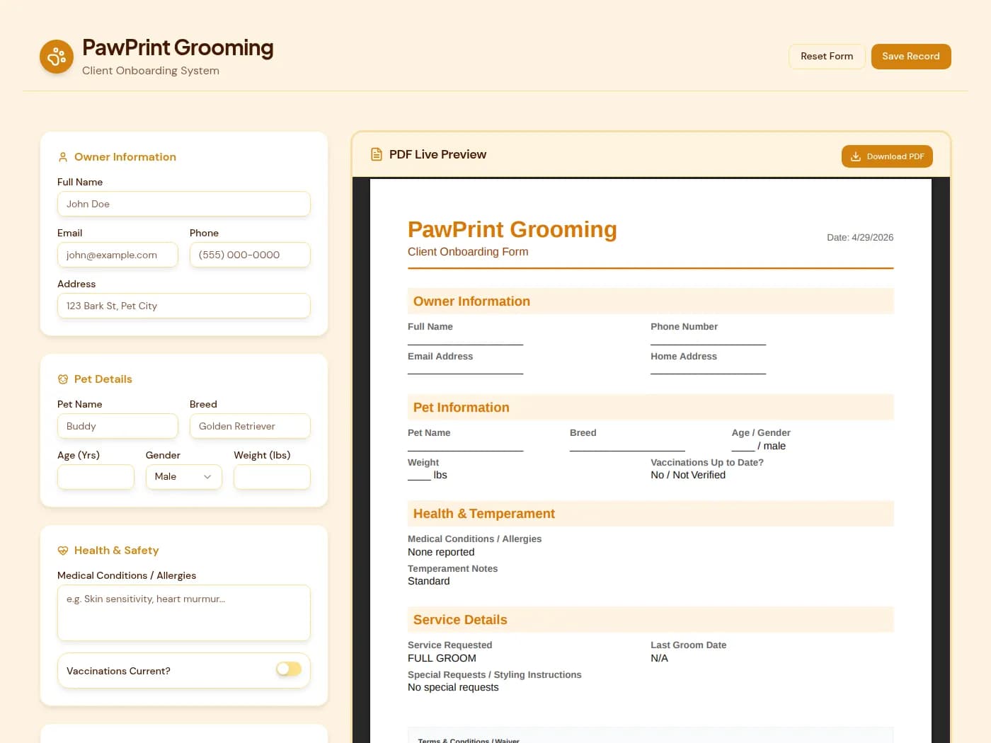 Pet Groomer Onboarding Form