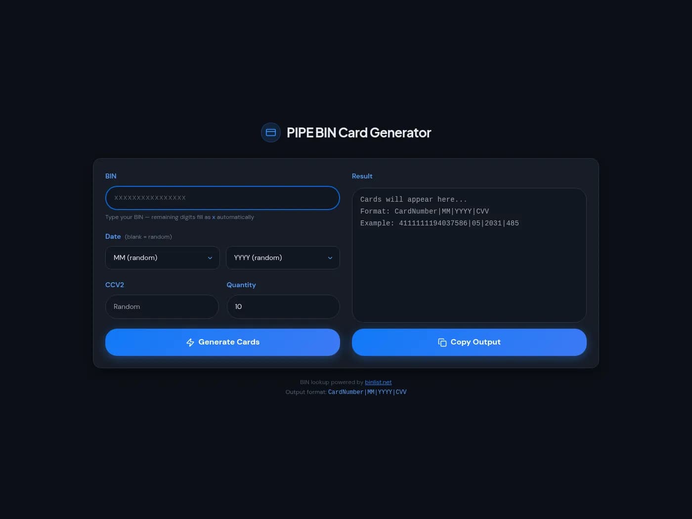 Pipe BIN Card Generator