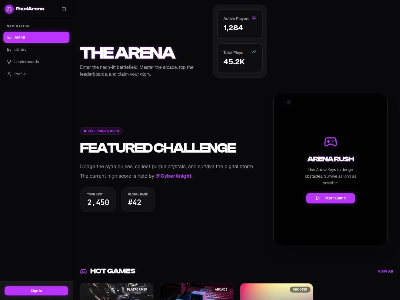 PixelArena Arcade Hub