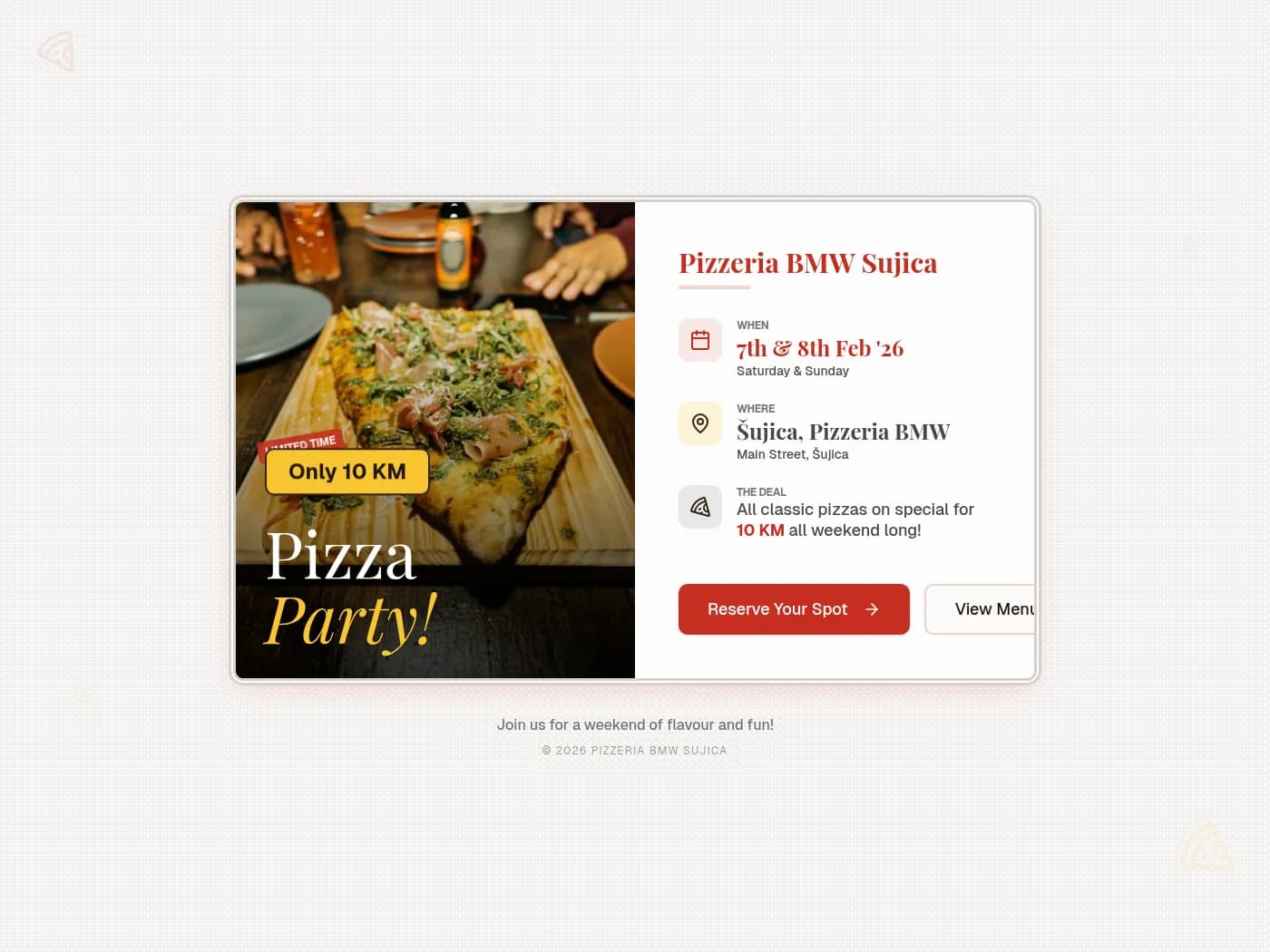 Pizzeria BMW Pizza Party Poster