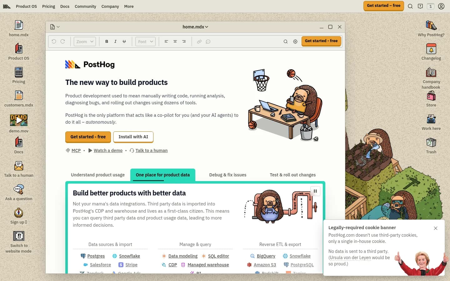 PostHog landing page — open-source product analytics with a generous free tier