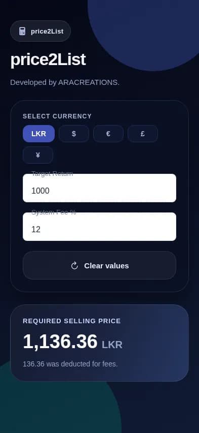Price2List Calculator
