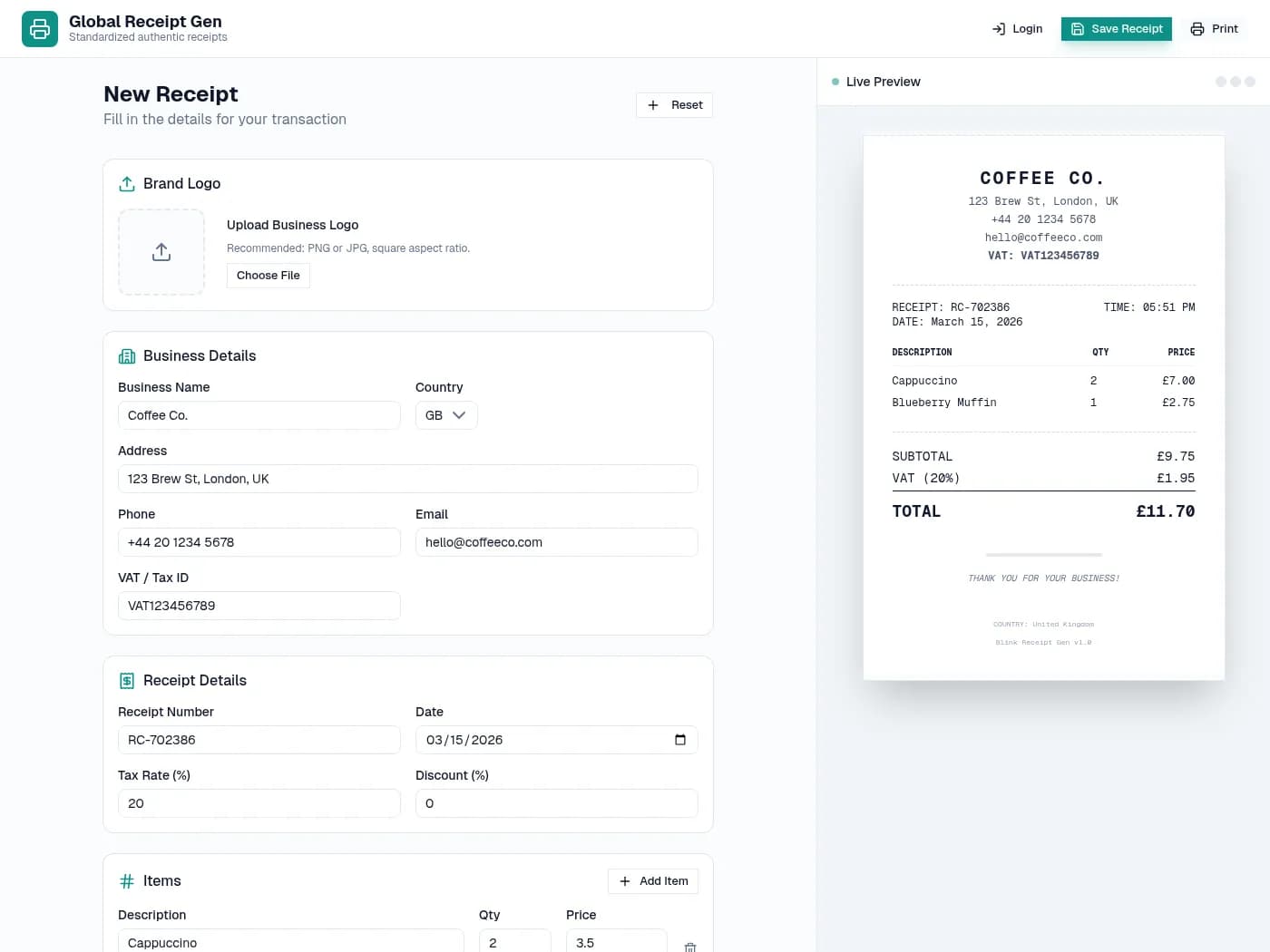 Global Receipt Generator