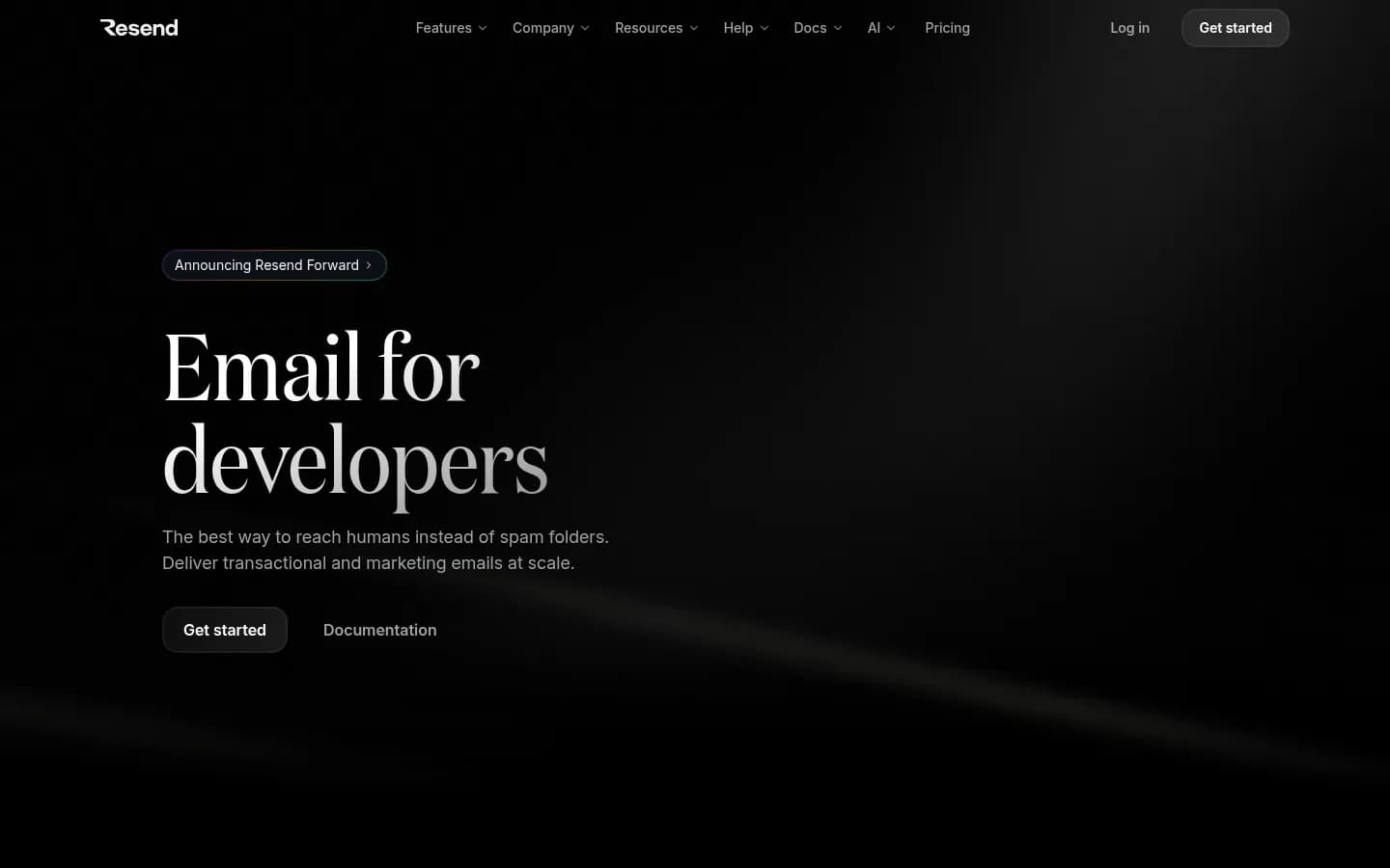 Resend landing page — developer-friendly transactional email with a generous free tier