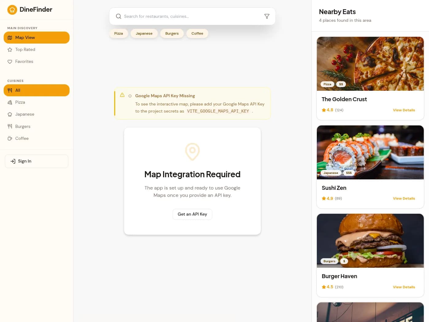 DineFinder Maps App