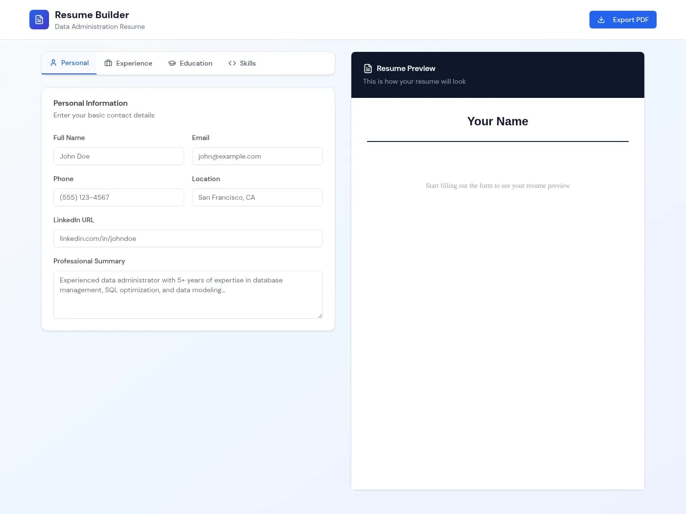 Data Admin Resume Builder