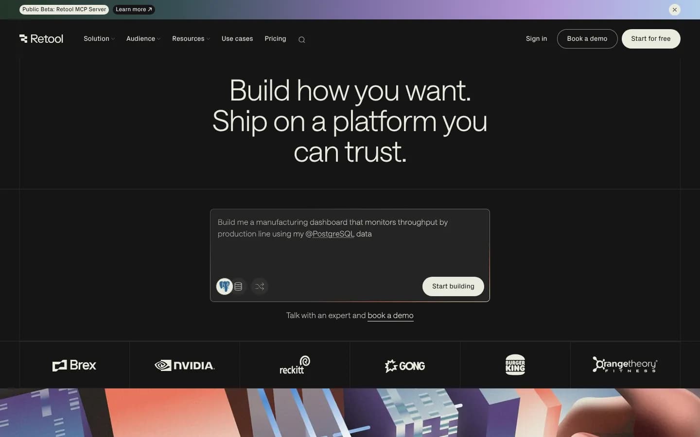 Retool landing page — enterprise internal tool builder