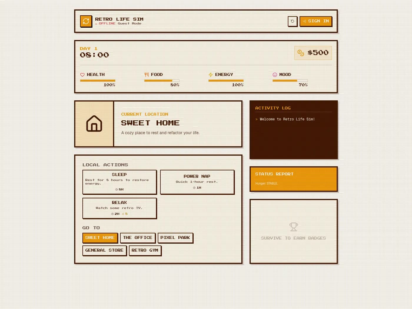 Retro Life Sim Game