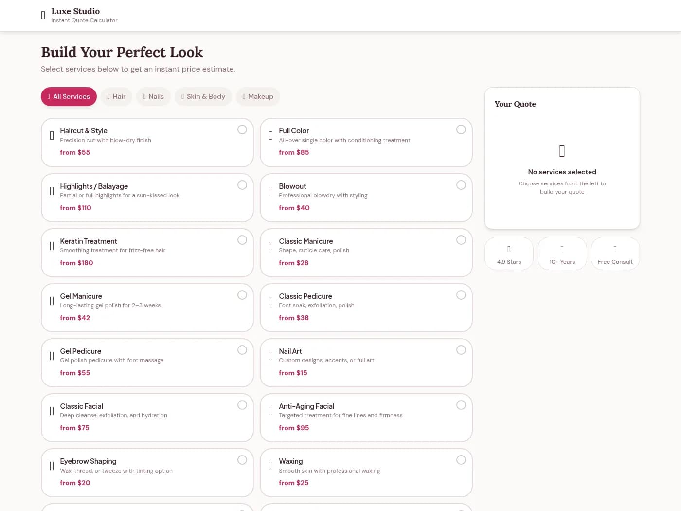 Salon Quote Calculator