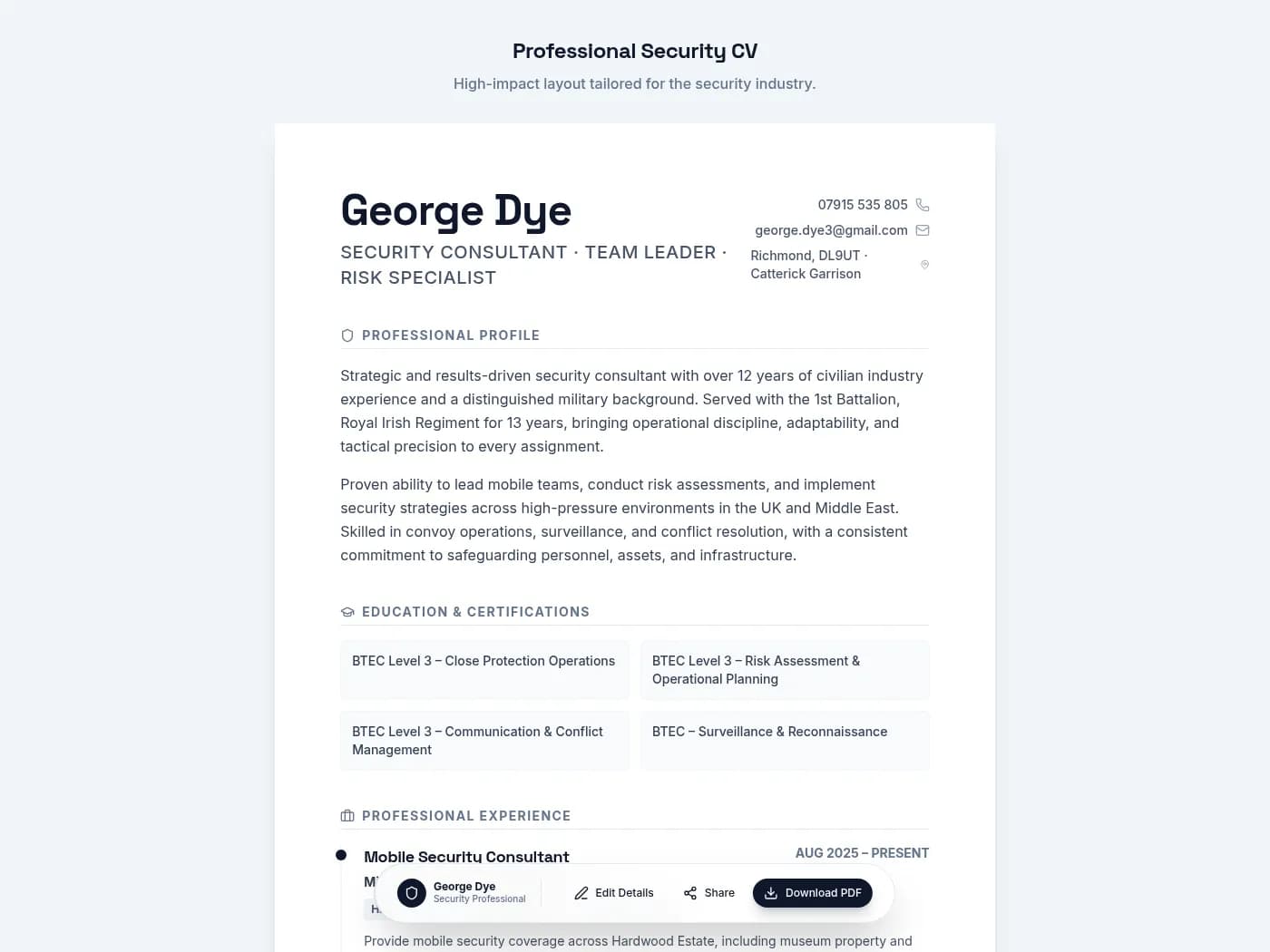 Security Pro CV Builder