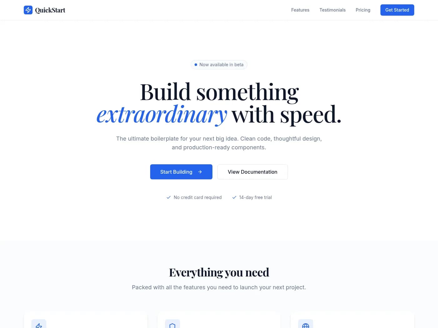 QuickStart Landing Page