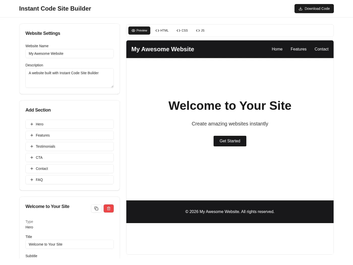 Instant Code Site Builder