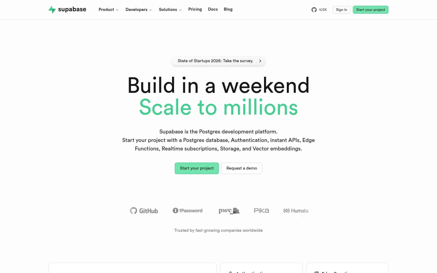 Supabase landing page — Postgres database with MCP server support for AI agent integration