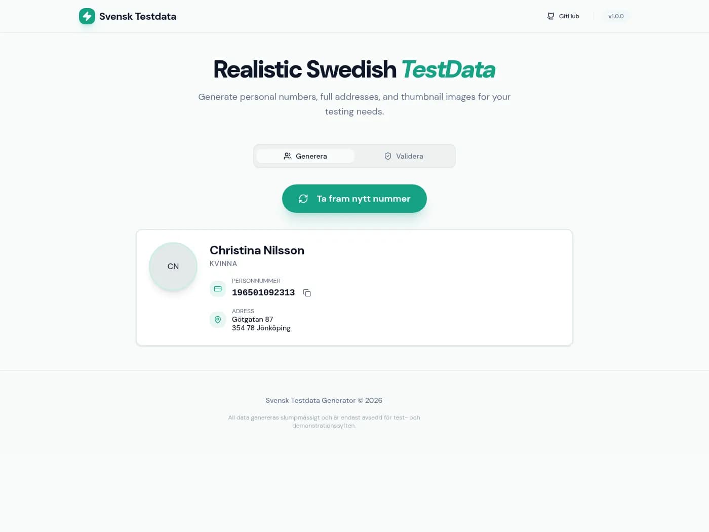 Swedish Test Data Generator