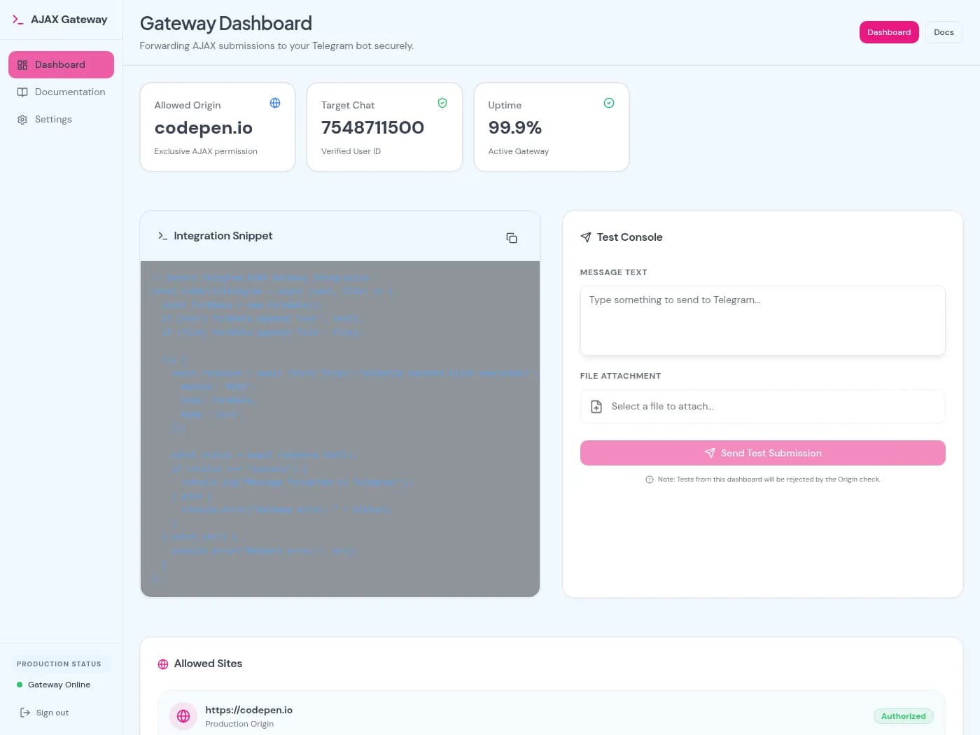 Telegram Secure AJAX Gateway