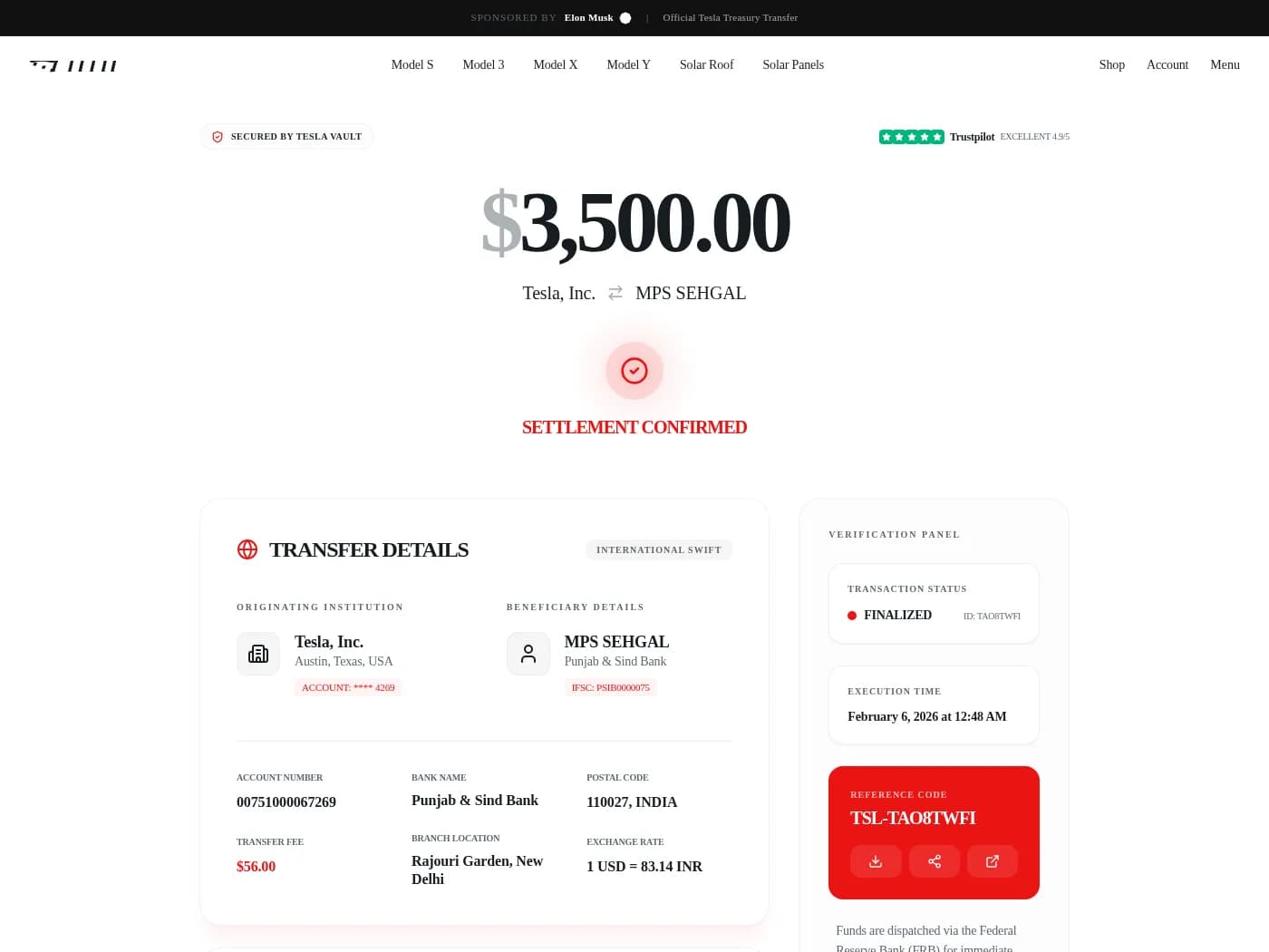 Tesla Bank Transfer Page