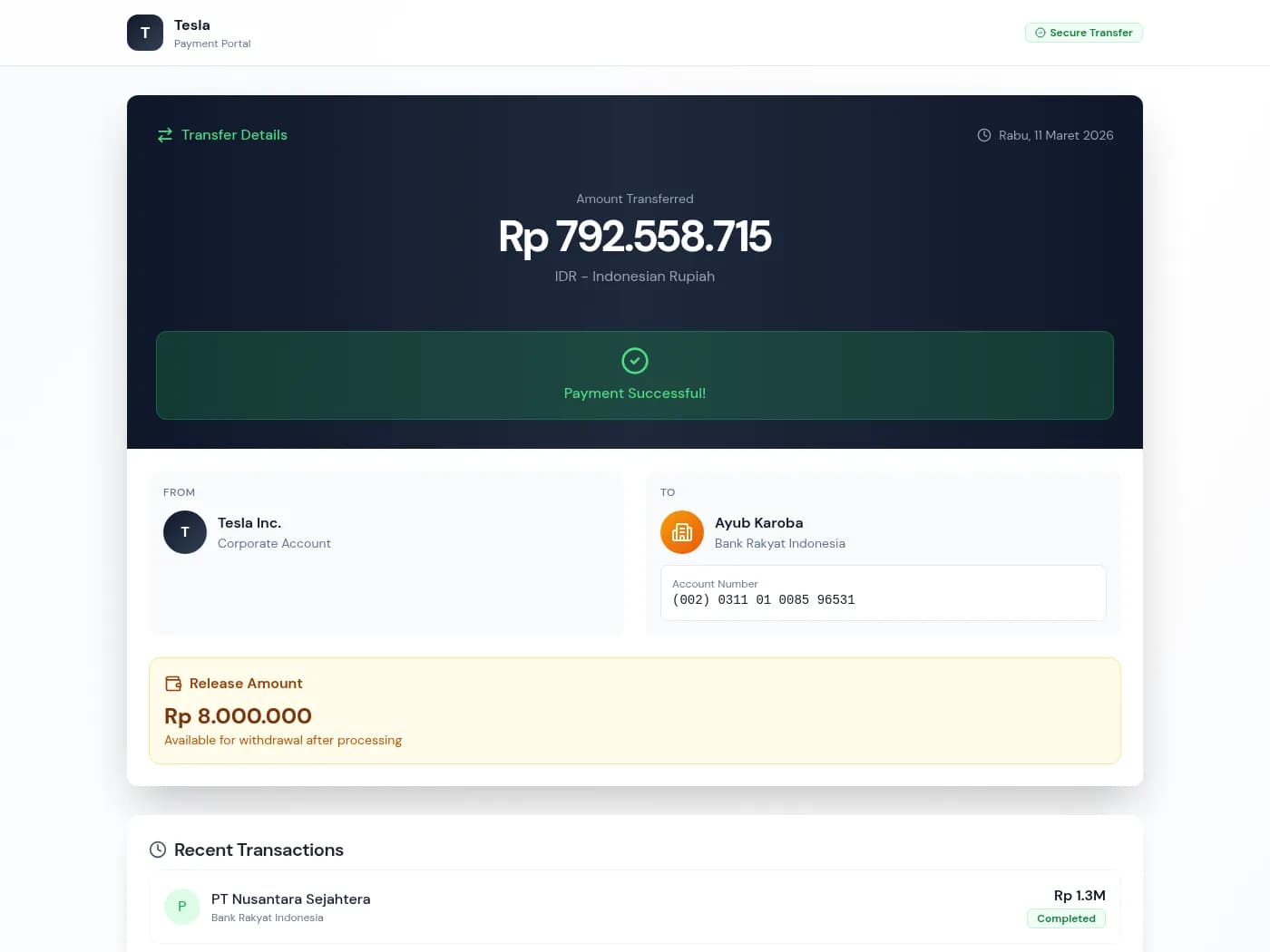 Tesla BRI Transfer Page