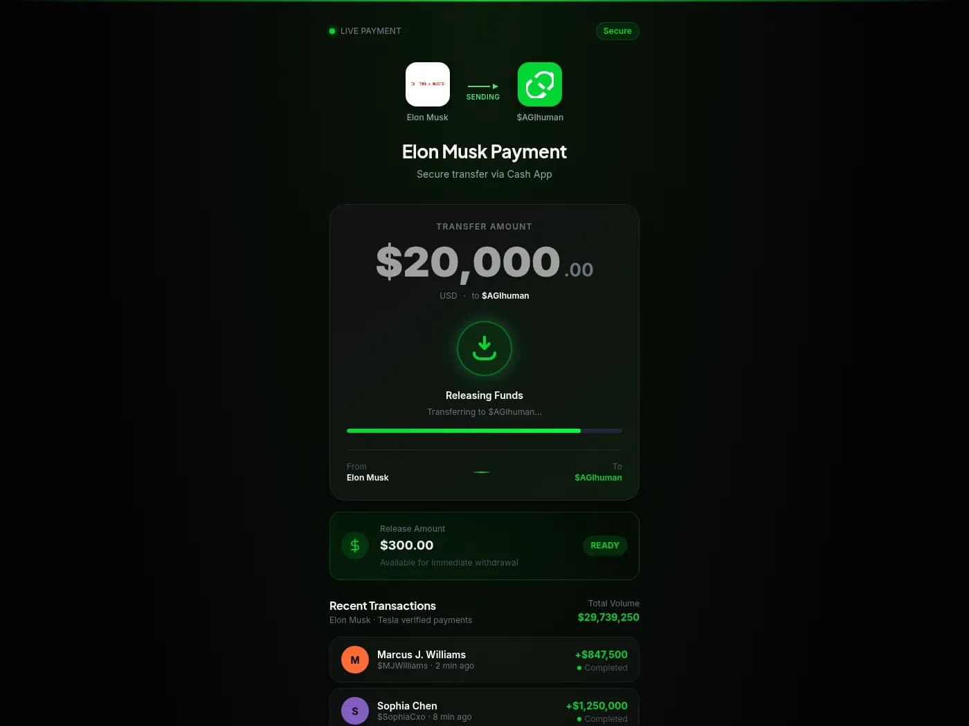 Tesla Cash Transfer Page